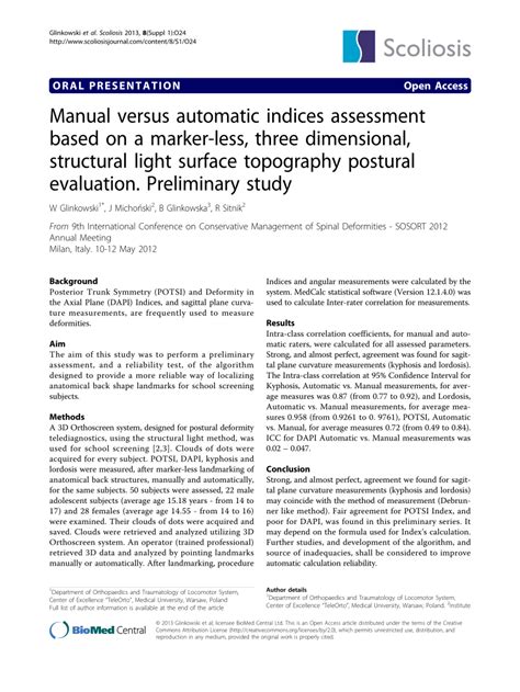Pdf Manual Versus Automatic Indices Assessment Based On A Marker Less Three Dimensional
