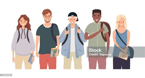 함께 서 있는 학생 그룹 배낭과 책을 가진 젊은이들 캐주얼 복장을 한 다양한 대학 동급생들 청소년 라이프스타일 개념 개념에 대한 스톡 벡터 아트 및 기타 이미지 Istock