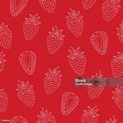 딸기 과일 개요 완벽 한 패턴 배경입니다 빨간색 배경에 흰색입니다 벡터 일러스트 레이 션 직물 인쇄 표면 디자인 또는 포장 건강한 식생활에 대한 스톡 벡터 아트 및 기타