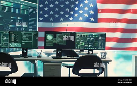 Empty Governmental Surveillance Room Shows An American Flag