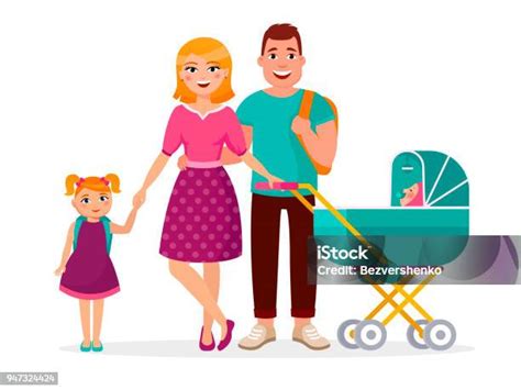 젊은 가족 서 함께 흰색 배경에 고립 쾌활 한 부모와 자녀와 유모차 문자 벡터 평면 그림 만화 어머니 아버지 딸과 아들 가족에 대한 스톡 벡터 아트 및 기타 이미지 Istock