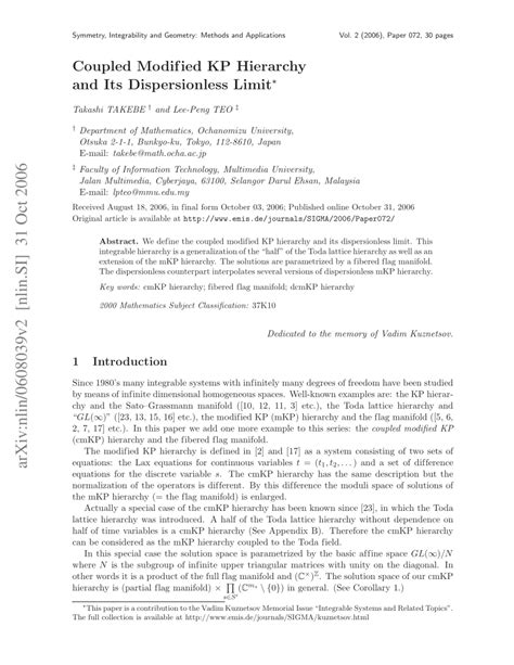 Pdf Coupled Modified Kp Hierarchy And Its Dispersionless Limit
