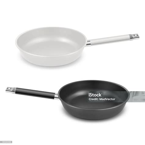 벡터 3d 사실적 흰색과 검은 색 빈 프라이팬 아이콘은 흰색 배경에 격리 설정합니다 모형을 위한 디자인 템플릿입니다 전면 또는 측면 보기 0명에 대한 스톡 벡터 아트 및