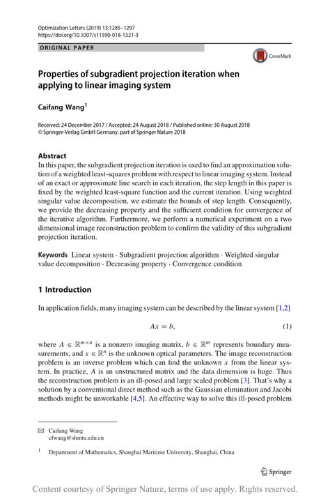 Properties Of Subgradient Projection Iteration When Applying To Linear Imaging System Request Pdf