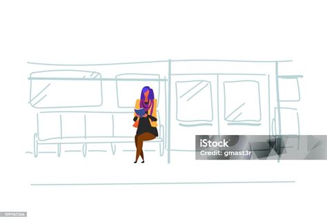캐주얼 여성 지하철 승객이 앉아있는 지하철 기차 읽기 책 인테리어 보기 공공 지 하 도시 교통 개념 여성 만화 캐릭터 스케치 낙서 수평 일러스트레이션에 대한 스톡 벡터 아트