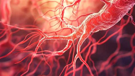 Microscopic View Of A Red Nerve Cell With Branching Connections Amidst A Blurred Background