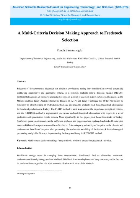 Pdf A Multi Criteria Decision Making Approach To Feedstock Selection