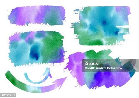 수채화 화살표 자유형 그리기 녹색 파란색 보라색 수채화 화살표 프레임 요소를 설정합니다 인포그래픽 카탈로그 배경 웹페이지에 대한