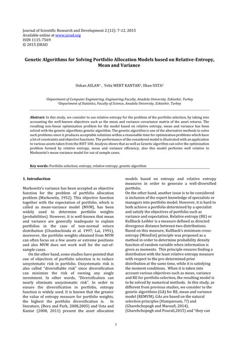 Pdf Genetic Algorithms For Solving Portfolio Allocation Models Based On Relative Entropy Mean