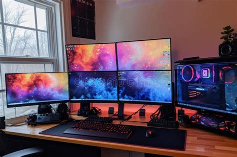 A Desk Setup Featuring Three Computer Monitors And A Keyboard Perfect