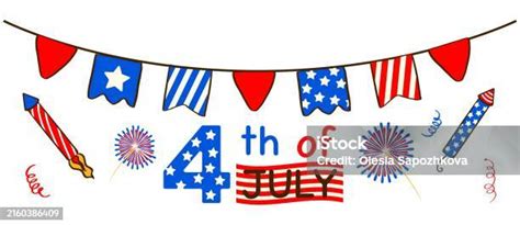 7 월 4 일 텍스트 불꽃 놀이 미국 국기 스타일의 깃발 화환 장식을위한 국가 색상 포스터 초대장 메뉴 배너 미국 독립 기념일 요소 0명에 대한 스톡 벡터 아트 및 기타