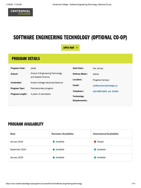 Centennial College Software Engineering Technology Optional Co Op Pdf