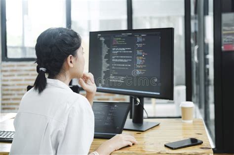 It Programmer Starts Working On Desktop Computer Stock Image Image