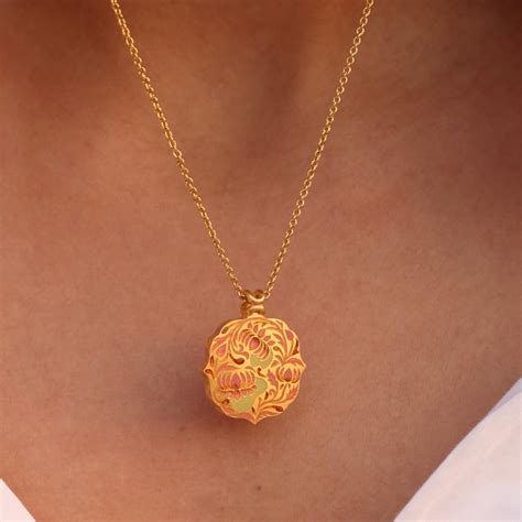22k Gold Handmade Pink Enamel Reversible Lotus Pendant Necklace By