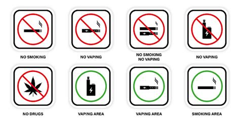 금지 된 연기 지역 표지판 세트 정지 연기 지역 금지 픽토그램 금지 구역 연기 대마초 약물 Vaping 전자 담배 실루엣 아이콘 흡연 녹색 표지판을 허용하십시오 격리된 벡터