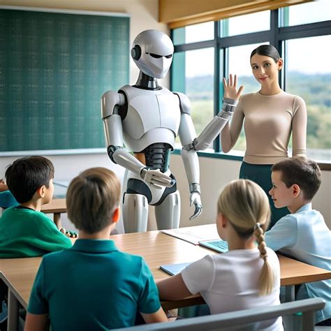 Ai Robot Teaching Alongside A Human Teacher In A Classroom Showcasing The Future Of Education