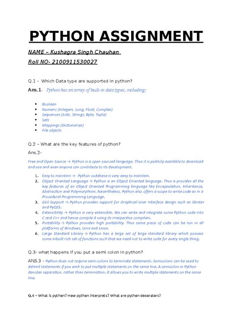 Python Assignment Python Assignment Name Kushagra Singh Chauhan Roll No 2100911530027 Q