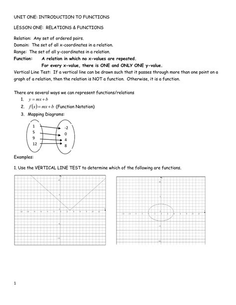 UNIT ONE INTRODUCTION TO FUNCTIONS LESSON ONE RELATIONS FUNCTIONS