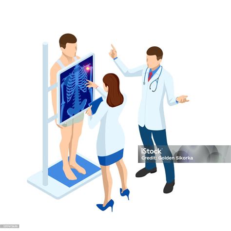 인체 를 스캔하기위한 아이소메트릭 X 선 기계 환자의 흉부 엑스레이 필름을 검사하는 의사 검사 가슴 뼈의 로엔겐 수술에 대한 건강 검진 X 레이 장비에 대한 스톡 벡터 아트