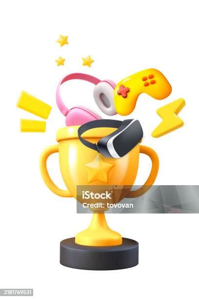 비디오 게임 엔터테인먼트 아이콘이 있는 골든 컵 흰색 배경에 고립 된 3d 벡터 일러스트 레이 션 3차원 형태에 대한 스톡 벡터 아트 및 기타 이미지 Istock