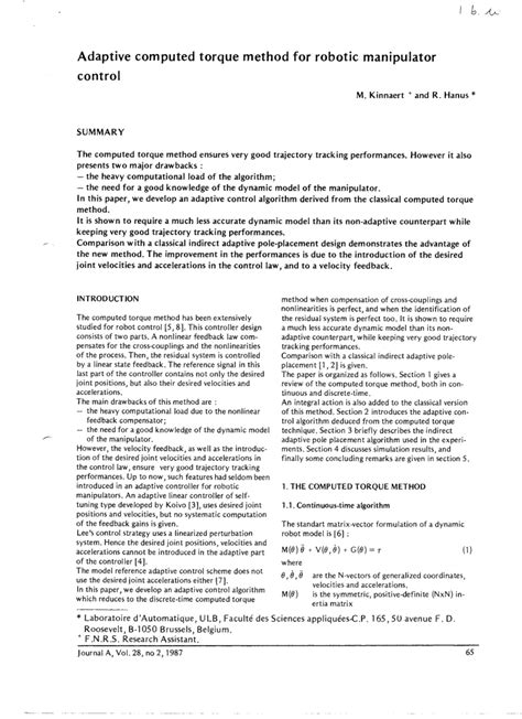 pdf adaptive computed torque method for robotic manipulator control