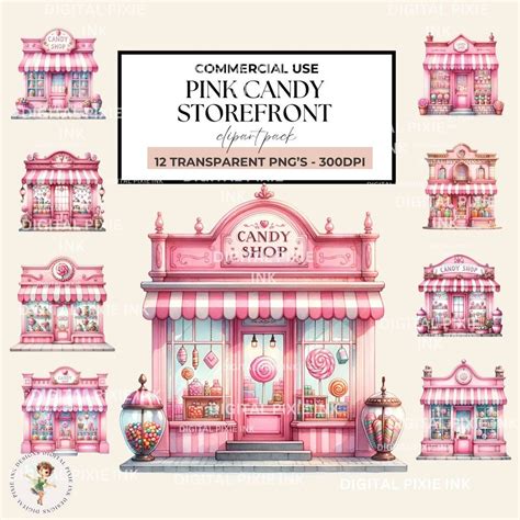 Valentines Candy Shop Clipart Watercolor Pink Candy Shop Storefront