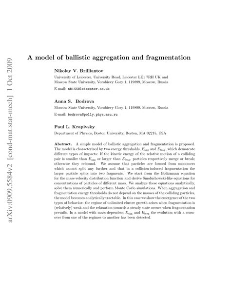 pdf a model of ballistic aggregation and fragmentation