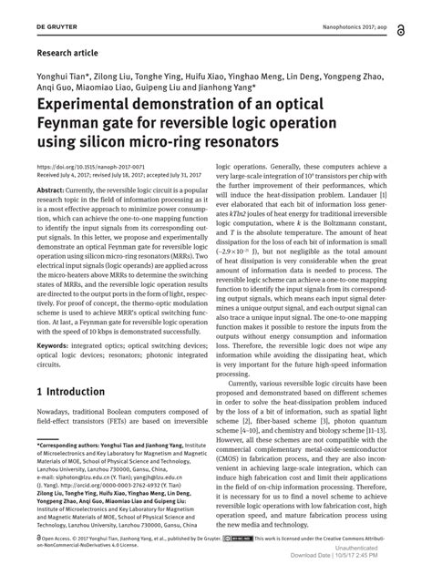 Pdf Experimental Demonstration Of An Optical Feynman Gate For Reversible Logic Operation Using