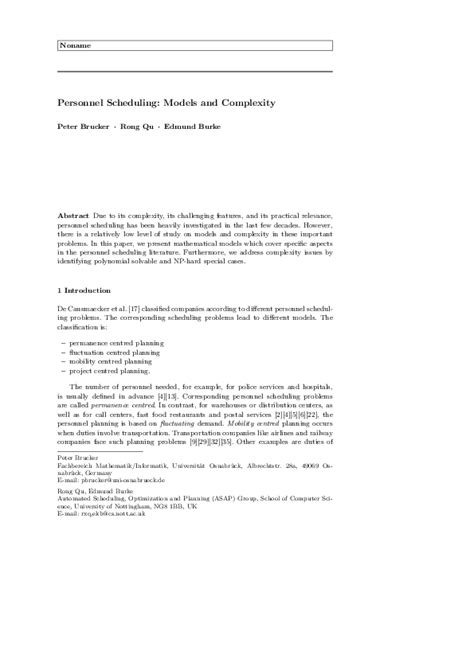 Pdf Personnel Scheduling Models And Complexity