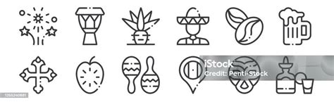 선형 멕시코 아이콘 12 세트 데킬라 멕시코 과나바나 커피 콩 아가베 드럼 웹 모바일과 같은 얇은 윤곽 아이콘 0명에 대한 스톡 벡터 아트 및 기타 이미지 Istock