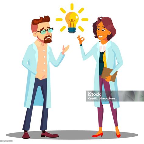 의사 남자 여자 대답 솔루션 아이디어를 발견 머리 벡터 위의 라이트 전구입니다 격리 된 만화 일러스트 레이 션 개념에 대한 스톡 벡터 아트 및 기타 이미지 Istock