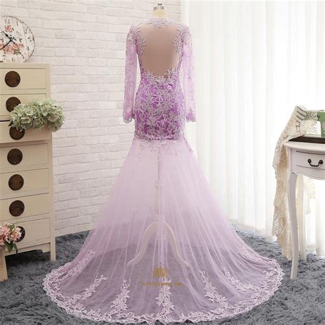 Lavender Sheer Lace Applique Overlay Long Sleeve Wedding Dress Next