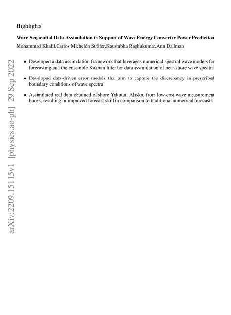 Pdf Wave Sequential Data Assimilation In Support Of Wave Energy Converter Power Prediction