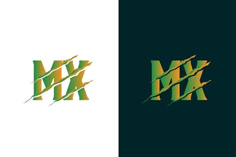 스크래치 효과와 녹색 그라데이션 Mx 문자 템플릿 로고 디자인 로고에 대한 스톡 벡터 아트 및 기타 이미지 로고 갈고리 발톱 노랑 Istock