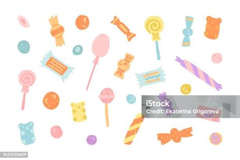 귀여운 과자 세트 복고풍 엽서 배너 포스터 디자인 다양한 사탕 사탕 지팡이 롤리팝 초콜릿 바 및 분홍색 배경의 봉봉 벡터 손으로 그린 빈티지 스타일 일러스트레이션 달콤한