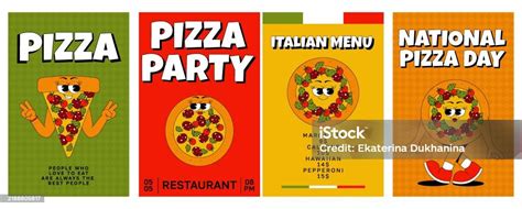 복고풍 그루비 스타일의 펑키 피자 캐릭터로 설정된 수직 배너 피자 파티 이탈리안 메뉴 전국 피자의 날 바 카페 레스토랑 배달에 대 한 벡터 일러스트 레이 션 가공의 인물에