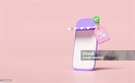 상점 앞이 있는 3d 휴대폰 또는 스마트폰 분홍색 배경에 격리된 체크 표시 할인 판매 온라인 쇼핑 가격표 쿠폰 마케팅 프로모션 보너스 개념 3d 렌더링 일러스트레이션 3차원