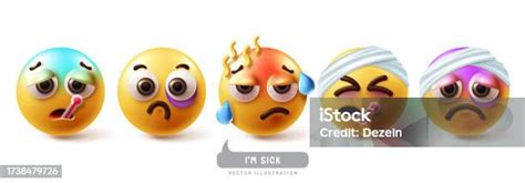 이모티콘 아픈 이모티콘 문자 벡터 세트입니다 이모티콘은 질병 독감 발열 감기 부상 및 메스꺼운 얼굴 아이콘 모음이 있는 캐릭터를 이모티콘으로 만듭니다 3차원 형태에 대한