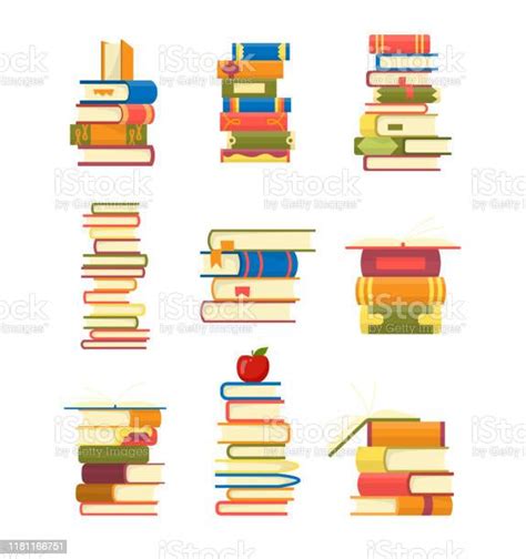 평면 디자인 스타일로 설정 된 책 벡터의 아이콘입니다 선반에 그룹으로 닫힌 스택에 책 책을 통해 독서 학습 및 교육 받기 더미에 대한 스톡 벡터 아트 및 기타 이미지