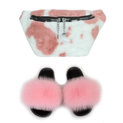 지갑이 달린 모피 슬리퍼 여분의 푹신한 여성 신발과 가방 럭셔리 샌들과 지갑 세트 진짜 여우 모피 슬라이드 가방 포함슬리퍼 Aliexpress