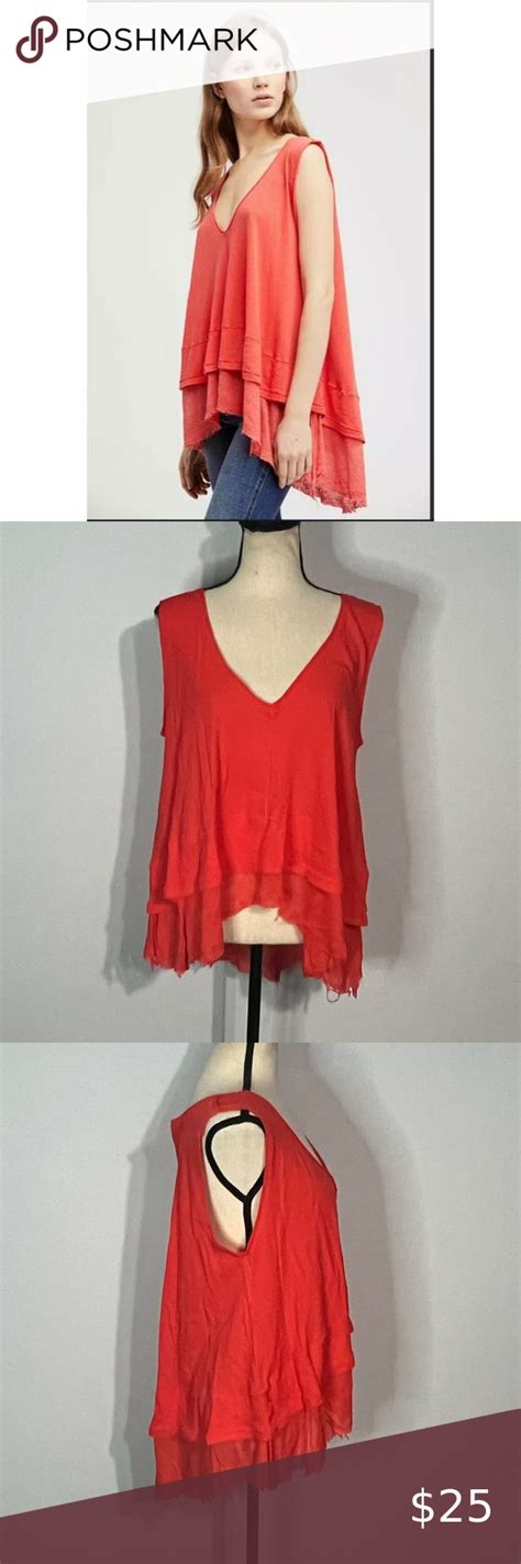 Free People Peachy Coral Orange Oversized Cotton Layered Tank Ruffle