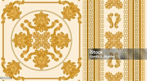 베이지 색 배경 골드 체인 및 케이블 그리스 어 마더 프리즈 바로크 스크롤 및 진주 쉘에 매끄러운 테두리 패턴 인쇄 스카프