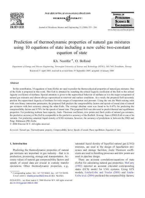 Pdf Prediction Of Thermodynamic Properties Of Natural Gas Mixtures