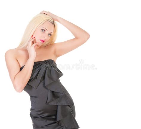 Sexy Blonde Dame In Zwarte Kleding Tegen Wit Stock Afbeelding Image