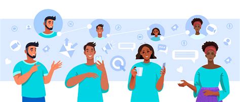 가상 회의 및 인터넷 팀워크 벡터 일러스트레이션은 온라인에서 소통하는 다양한 젊은이들과 함께 합니다 비디오 Brand Name Online Messaging Platform