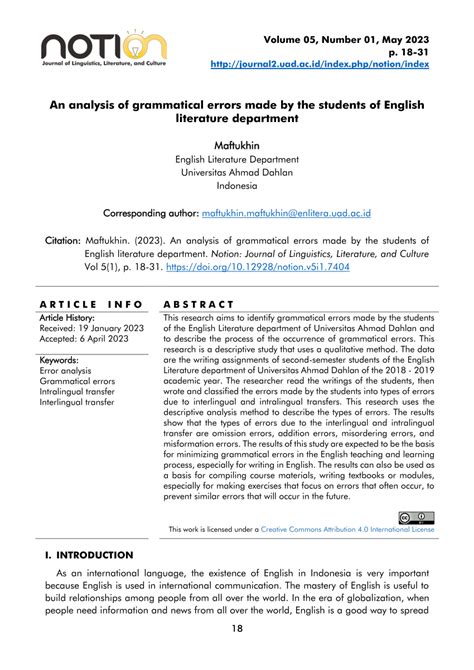 Pdf An Analysis Of Grammatical Errors Made By The Students Of English