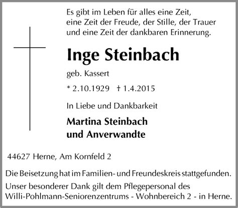 Traueranzeigen Von Inge Steinbach Trauer In Nrwde