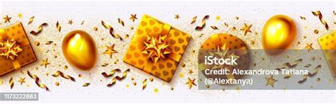 프리미엄 럭셔리 생일 파티 배경입니다 황금 선물 상자 선물 골드 리본 활 풍선 스타와 색종이 수평 파티 포스터 배너 인사말 카드 원활한 벡터 휴일 그림 3차원 형태에 대한