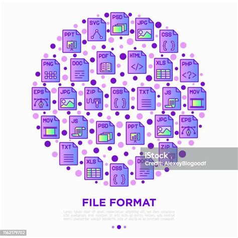 konsep format file dalam lingkaran dengan ikon garis tipis doc pdf php