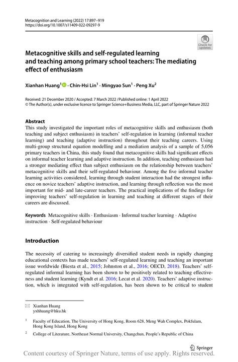 Metacognitive Skills And Self Regulated Learning And Teaching Among Primary School Teachers The